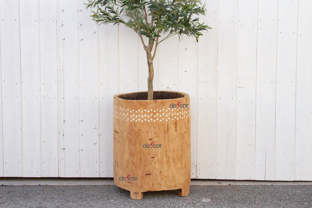 Rustic Modern Naga Tall Planter,large Bleach Wood Inlaid Naga Planter ...
