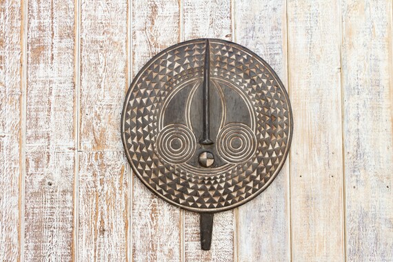 Handcarved Black & White Baule Moon Mask,Tribal Afric… - Gem