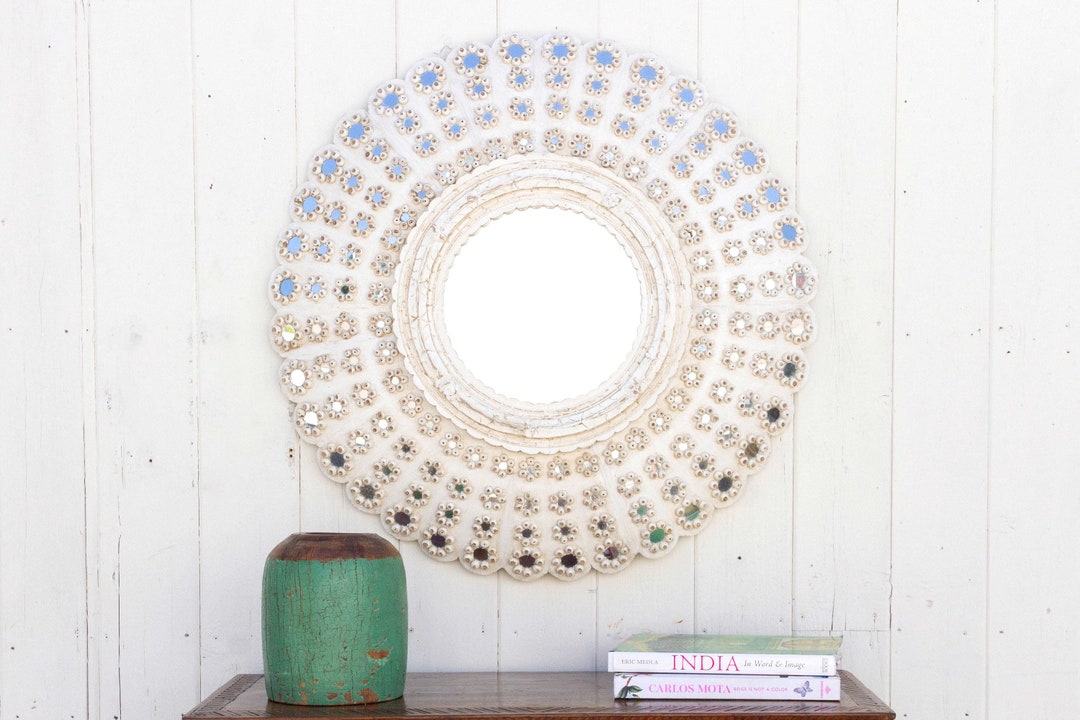 Round Aged White Peacock Mirror, Decorative Round Mirror, Rustic White ...