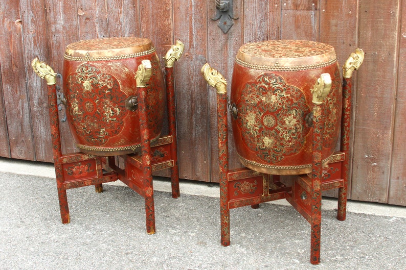 VIntage Hand Painted Tanggu Style Drum with standsPainted | Etsy