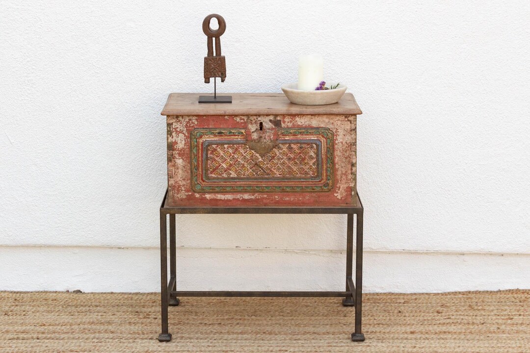 Antique Carved & Painted Box Side Table, Boho Side Table, Carved Wood ...