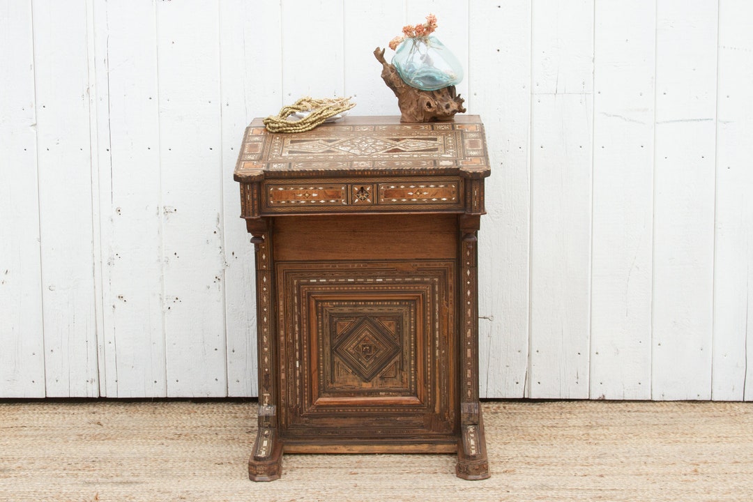 Antique Damascus Marquetry Inlay Secretary, Antique Wood Desk With ...