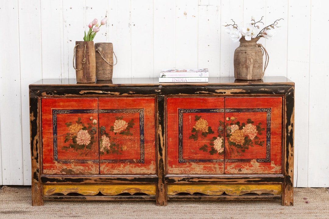 Antique 6' Floral Mongolian Sideboard, Rustic Asian Sideboard ...