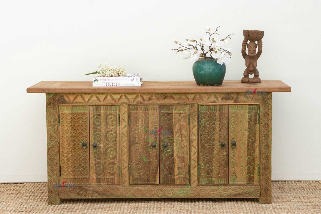 Rustic Hand-carved Coromandel Teak Credenza, Antique Style Teak Buffet ...