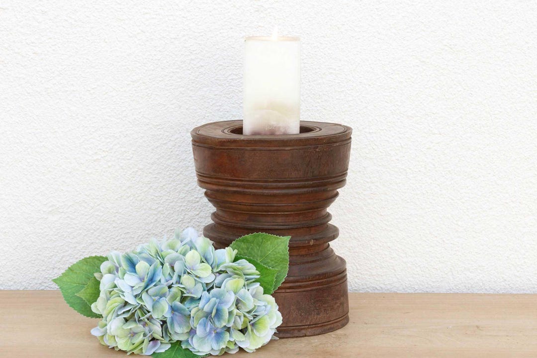 Antique Teak Wood Candle Holder: Carved Rice Grinder, Rustic Farmhouse ...