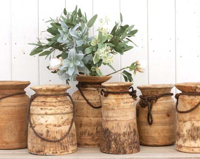 Vintage Decorative Wood Vase, Vintage Rustic Wood Vase, Wood Vase With ...