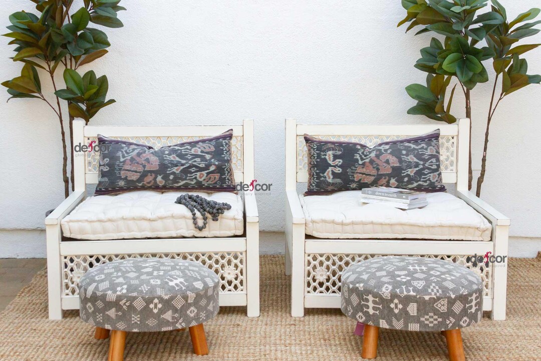 Set of 2 Carved White Moroccan Club Chairs, Carved Moroccan Chairs Set ...