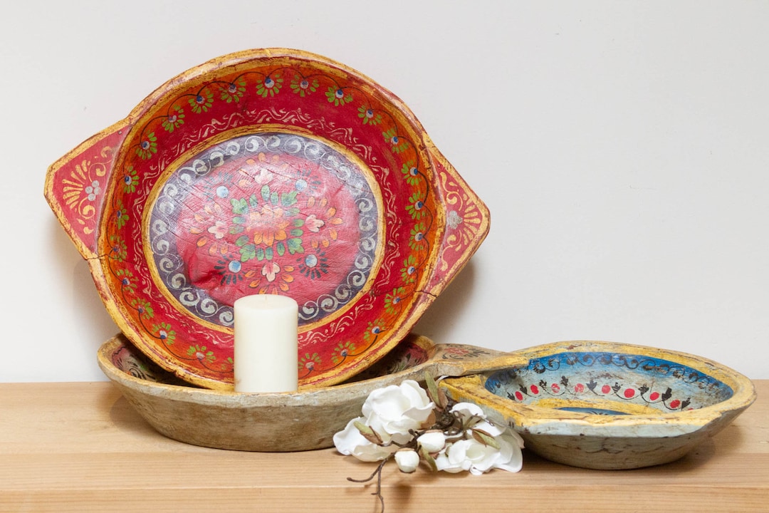 Floral Painted Indian Parat Bowl, Amarilla Flor Painted Indian Parat ...