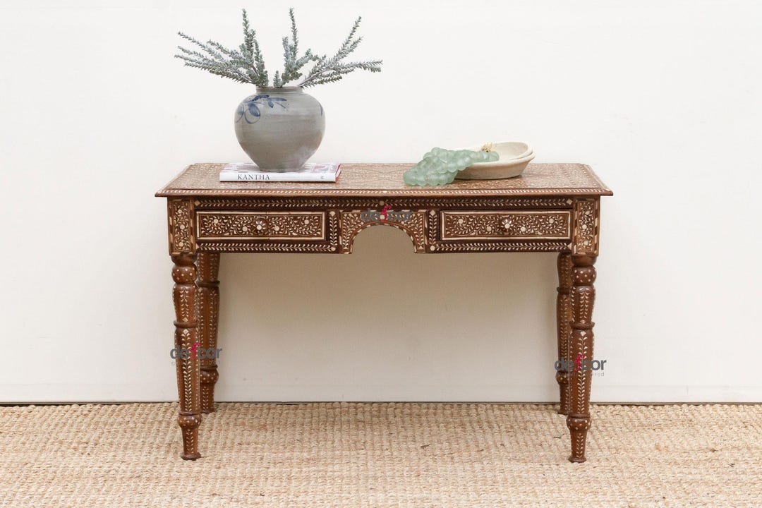 Refined British Colonial Inlay Desk, Inlay Writing Desk, Teak Office ...