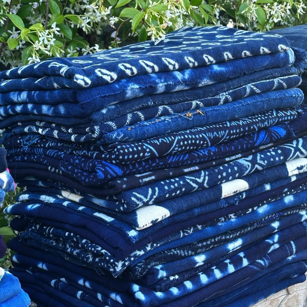 Linear Story Indigo Mud Cloth, Tribal Throw, Triangle Dance Indigo Mud Cloth, Dotted Thread ...
