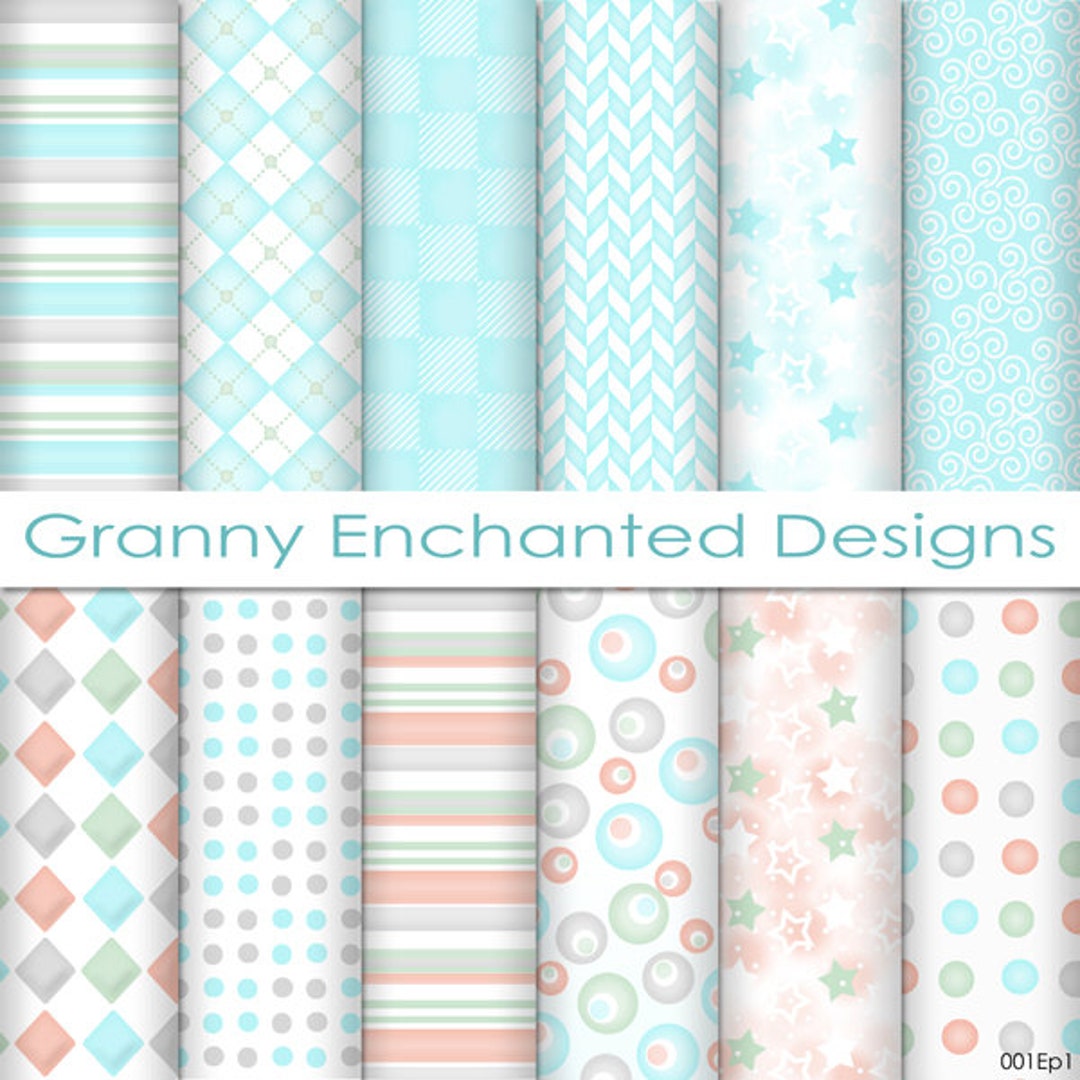 12 Digital Papers - Teal, Gray, Pink, and Green Soft Patterns for ...