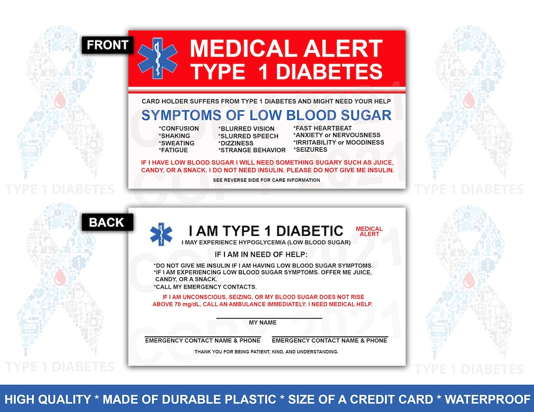 Type 1 Diabetes Medical Card, Diabetes Medical Alert, Emergency Card, I ...