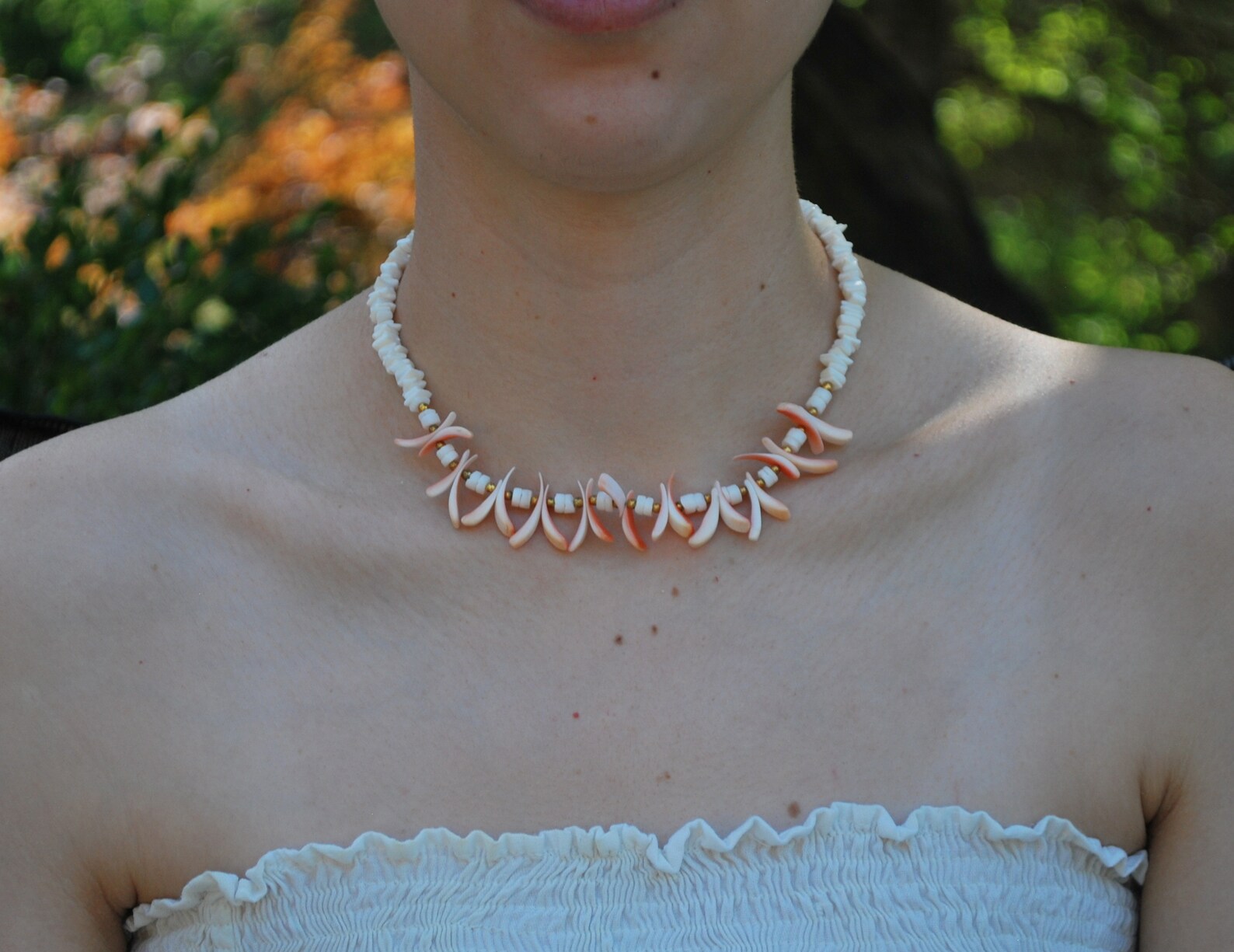 White Puka Shell Choker With Heishi, Coral Tusk & Brass Beads - Etsy