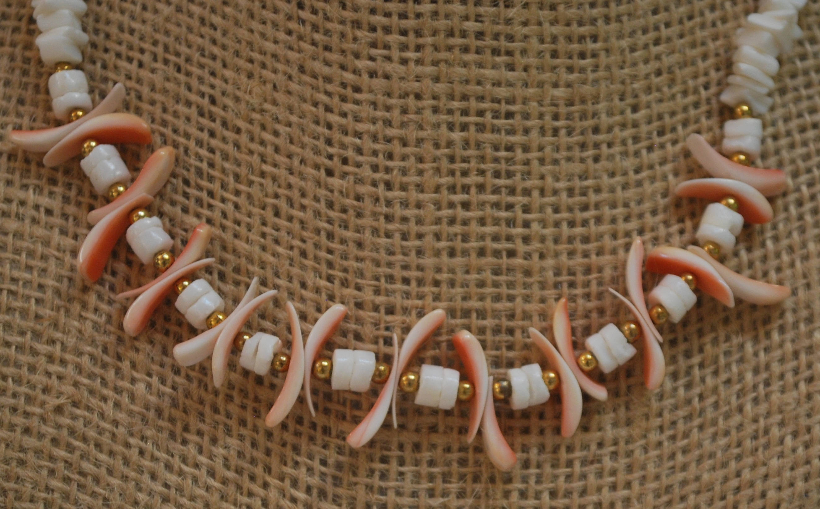 White Puka Shell Choker With Heishi, Coral Tusk & Brass Beads - Etsy