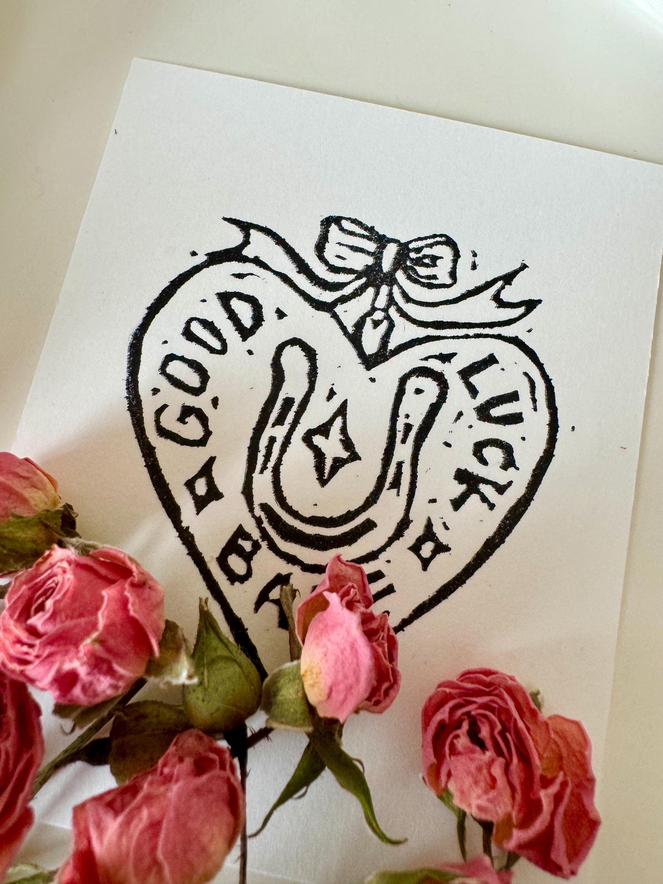 Good Luck Babe Heart Linocut Print | Handmade Linocut Art Print ...