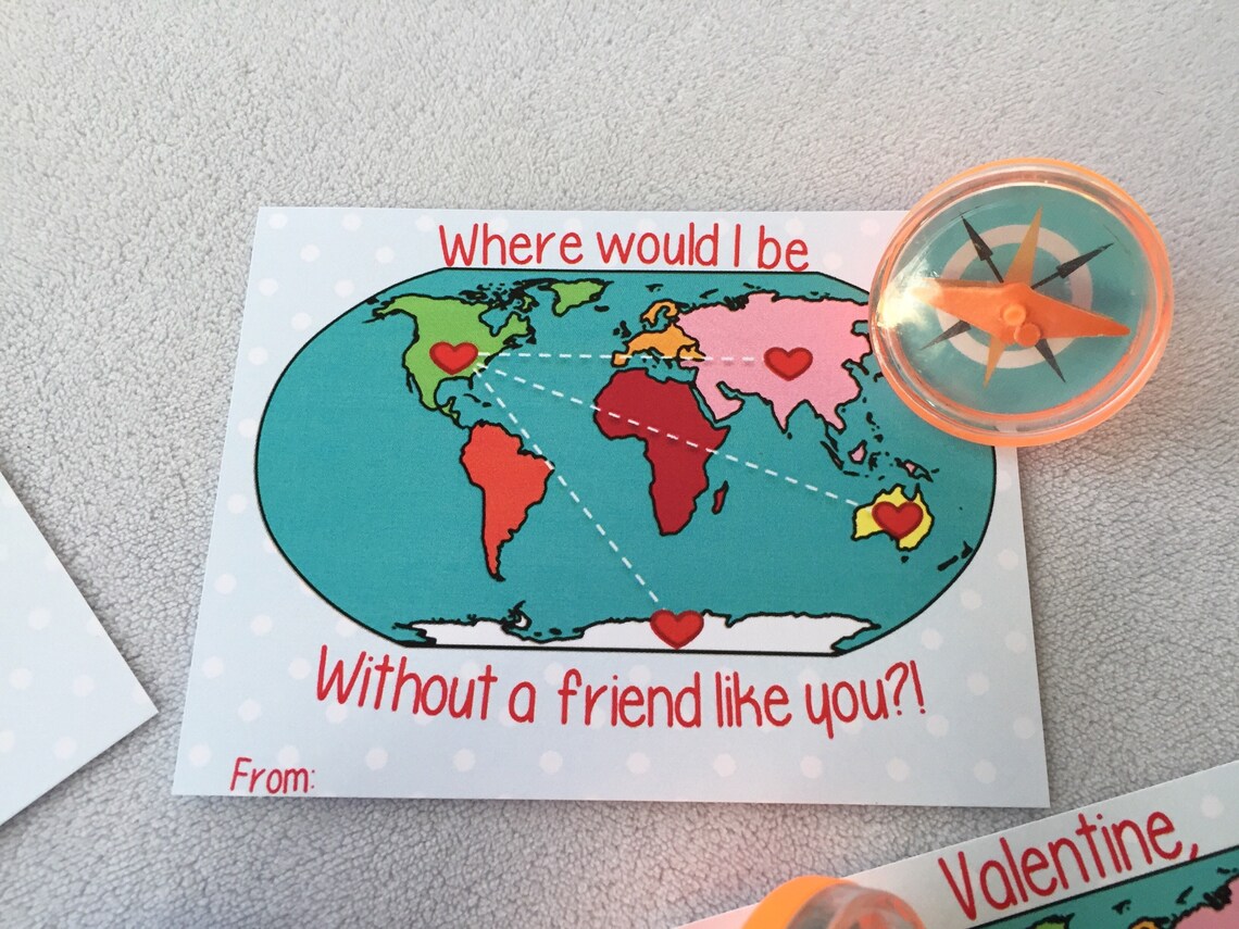 Printable World Map Valentine Compass Magnifying Glass | Etsy