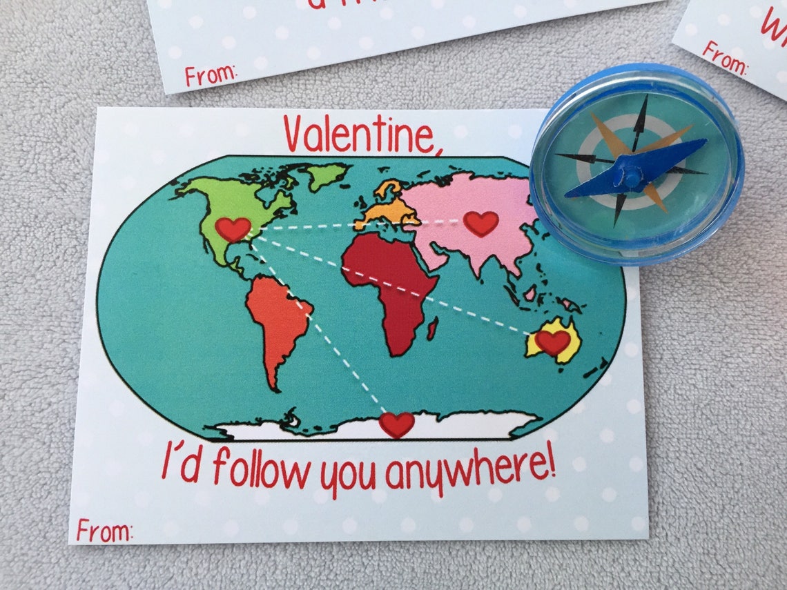 Printable World Map Valentine Compass Magnifying Glass | Etsy