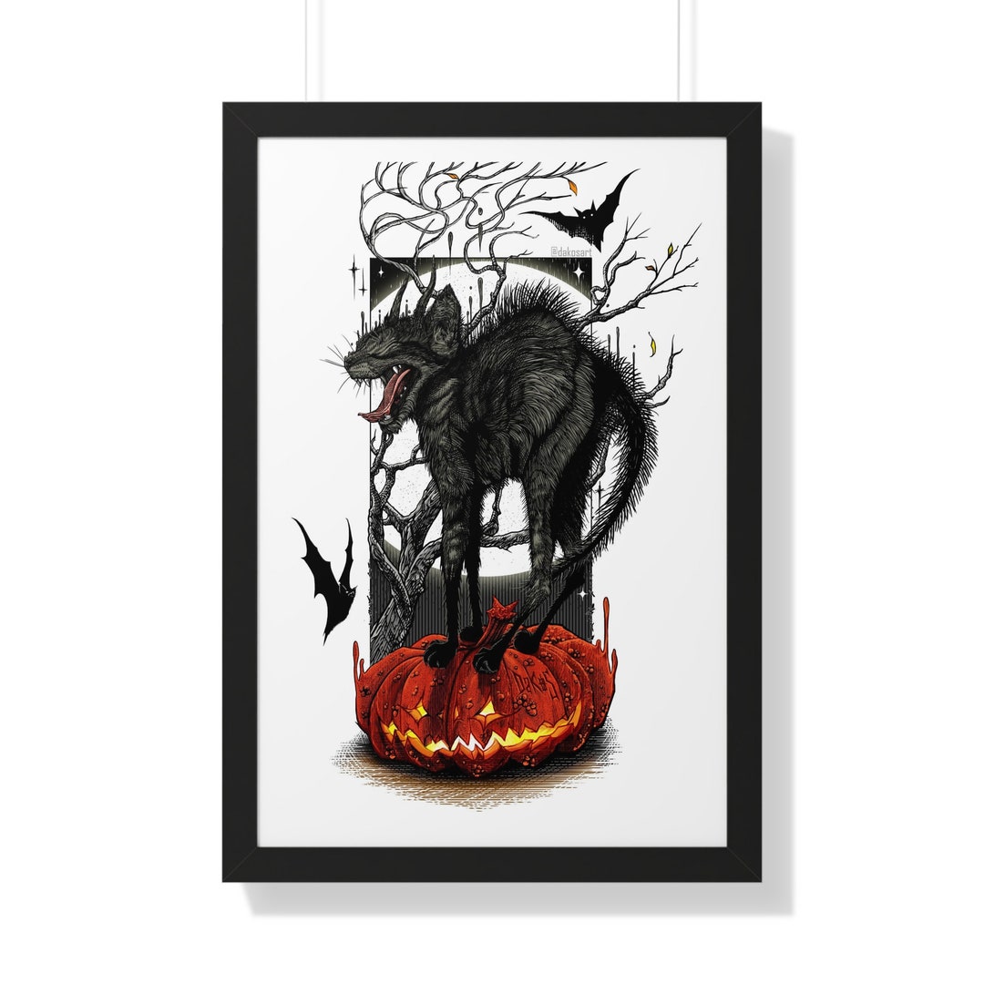Scaredy Cat Frightened Black Kitty on Pumpkin Framed Vertical Poster ...