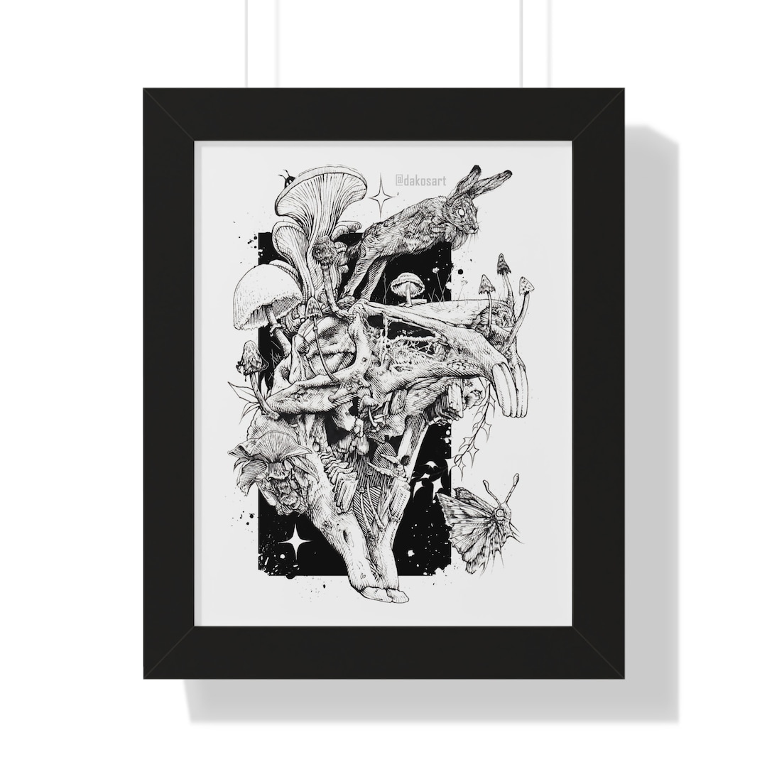 Jack Rabbit Skull Framed Vertical Poster Dark Surreal Ink Drawing Wall ...