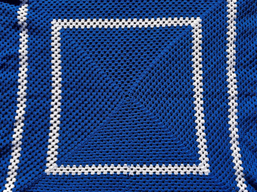 Blue Afghan Blanket Handmade Crochet White Throw Vintage - Etsy
