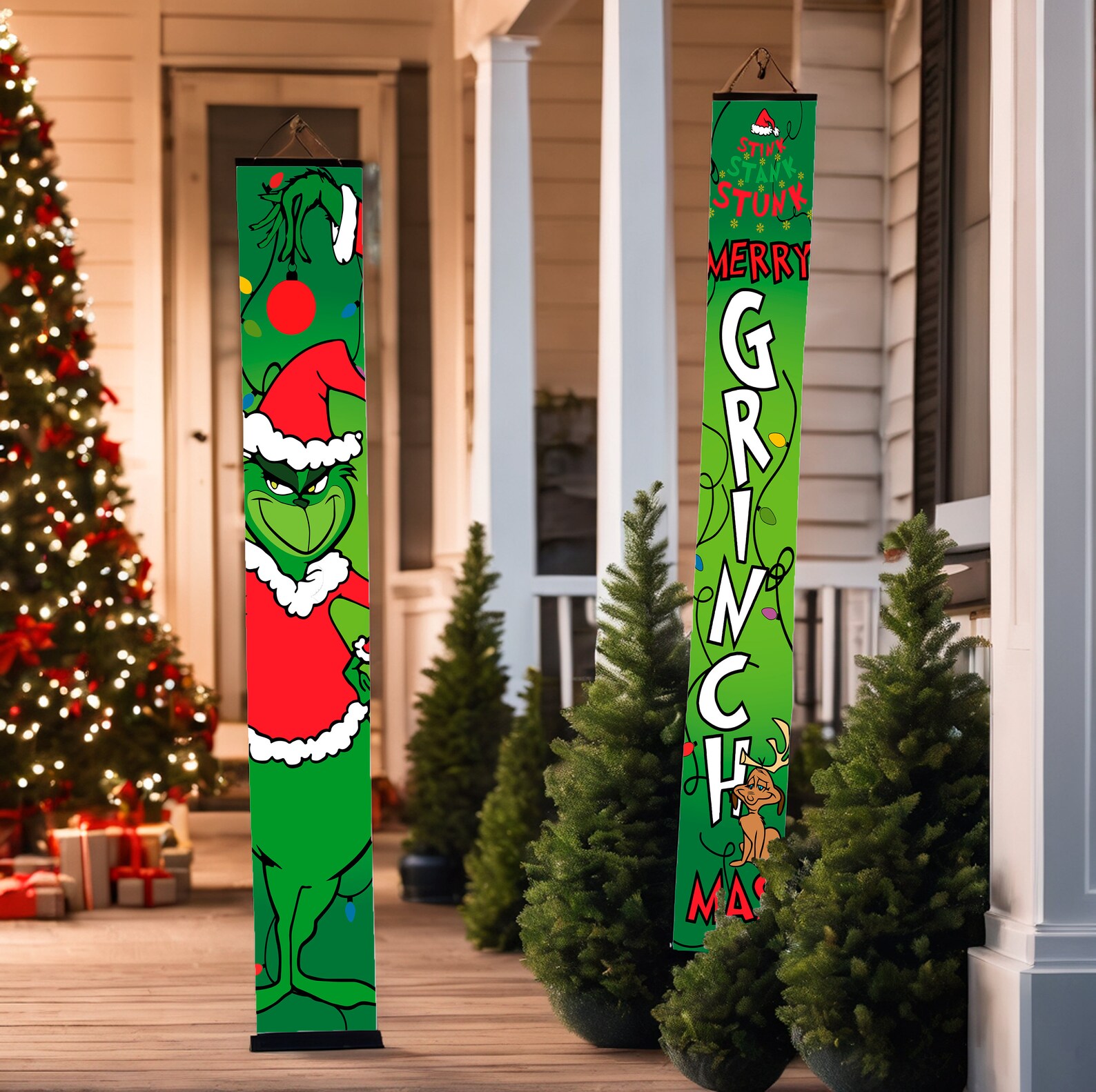 1 Pair Grinch Christmas Decorations, Grinch Porch Sign Door Banner ...