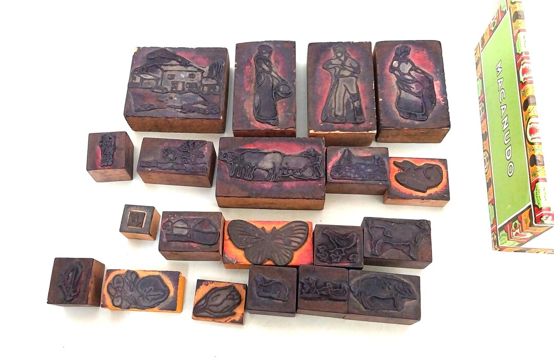 20 Vintage Farmyard Scenes Printing Blocks, People, Cow, Pig, Ploughing ...