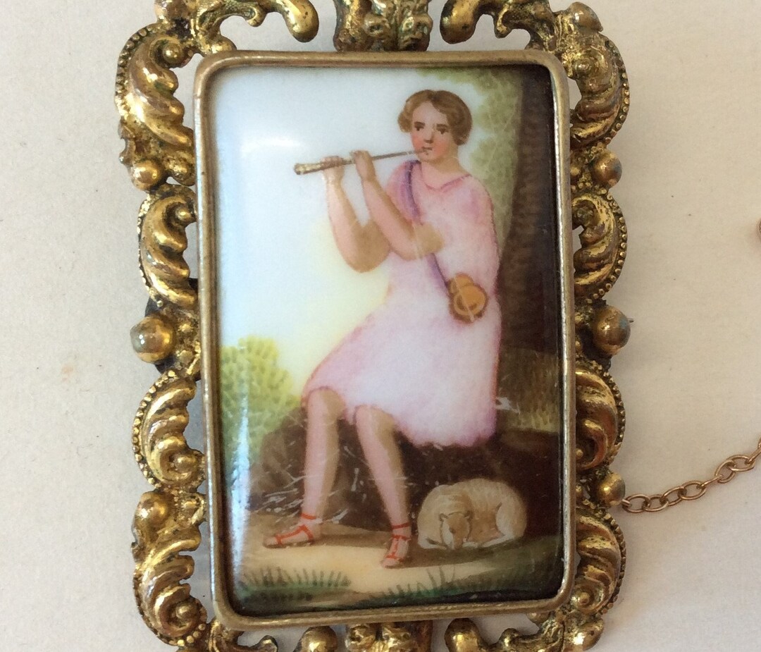 Antique Porcelain Painted Shepherdess Brooch Playing the Flute, a Sheep ...