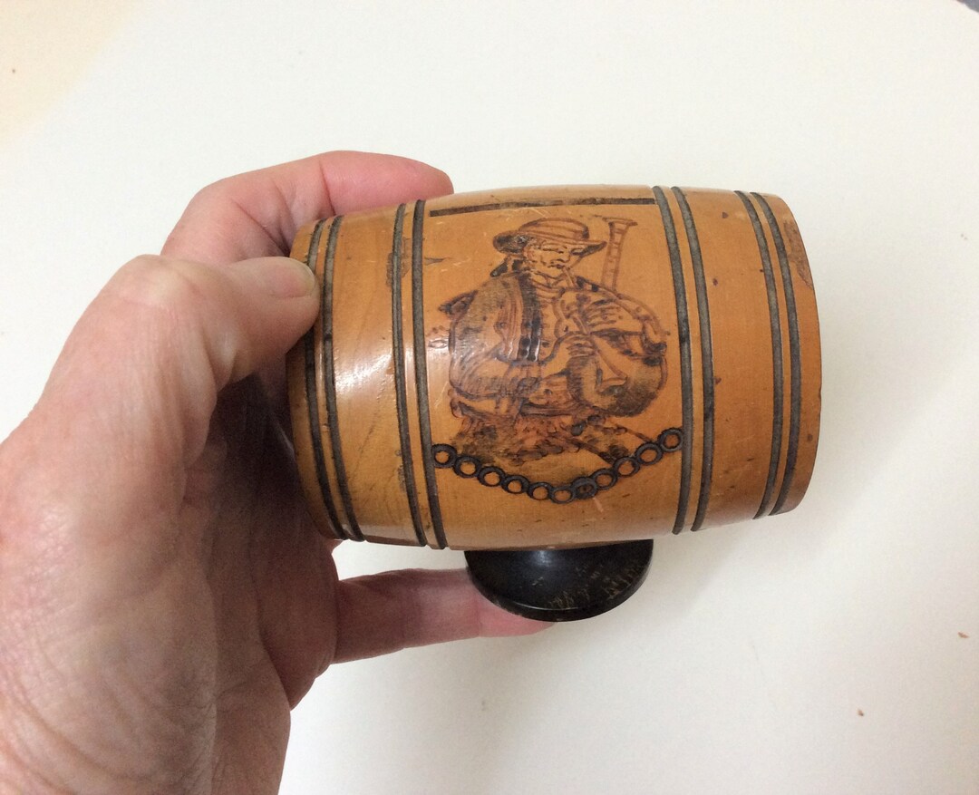 Antique French Wooden Barrel Money Box With Pokerwork Figure to Front ...