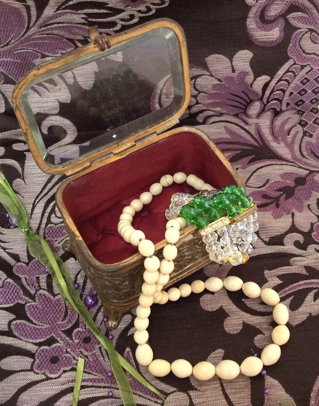 Antique French Jewel Boudoir Box With Glass Top & Red Silk - Etsy