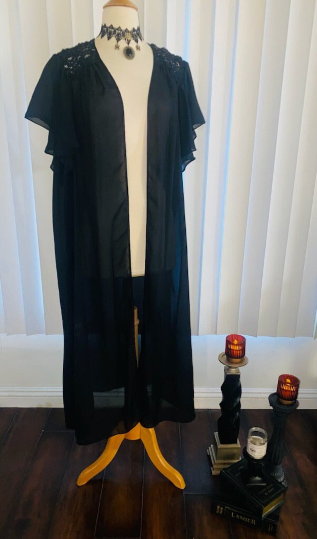 Vintage 1980s Sheer Goth Black Full Length Duster Overlay W/ Sequin ...