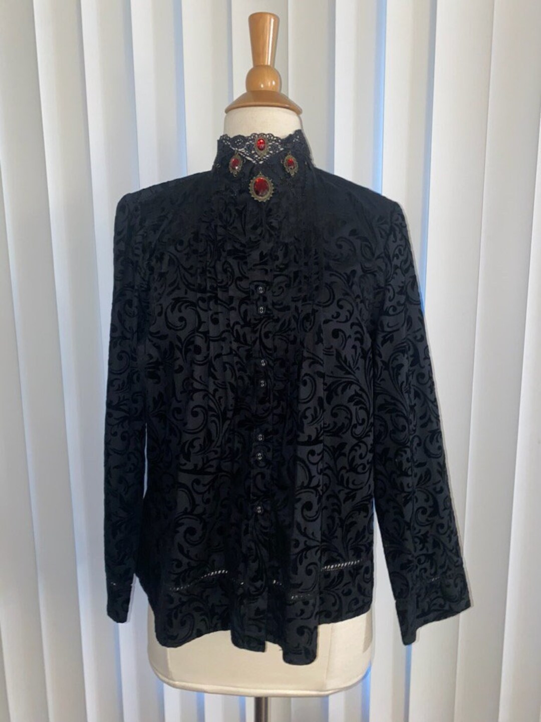 Vintage Black Dmask Embossed Long Sleeve Button Down Goth Blouse Shirt ...