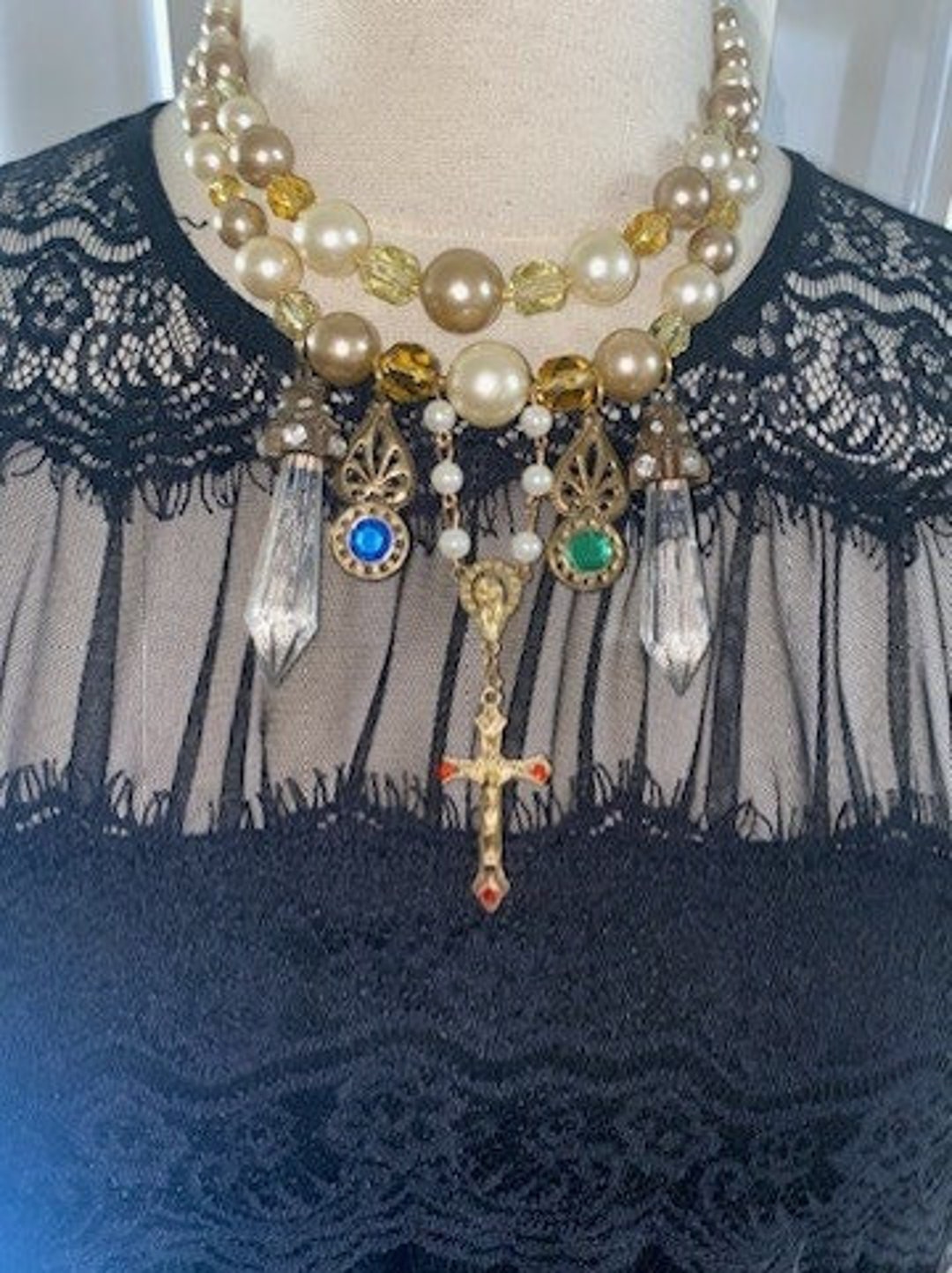 Catholic Goth Two Strand Pearl Bead Gold Cross Opulent Gothic Necklace ...