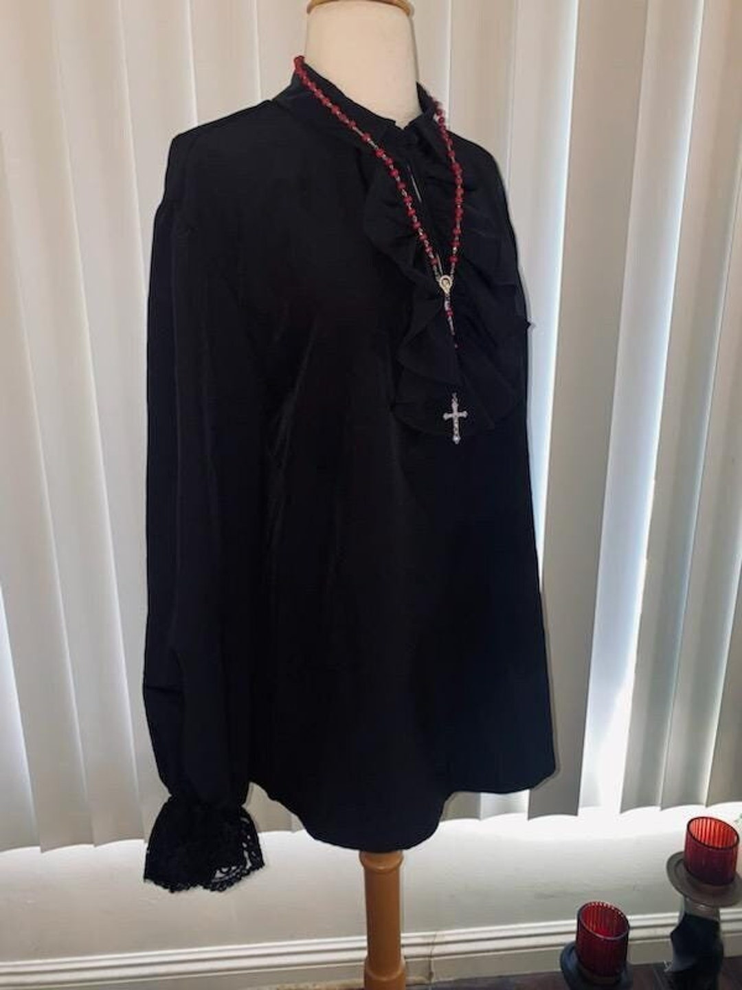 Vintage Black Long Sleeve Lace Like Cuff Ruffle Front Goth Poet Vamp ...