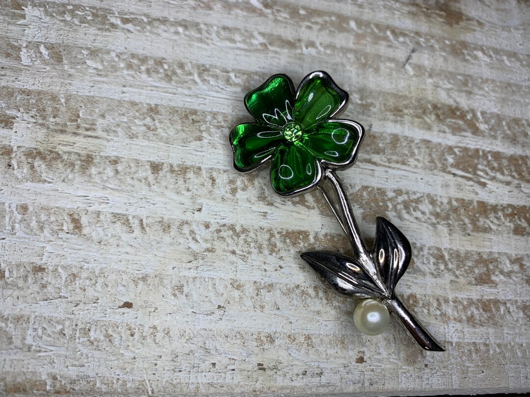 Vintage Nina Ricci Brooch | Green Flower Brooch | Pearl Brooch | Signed ...