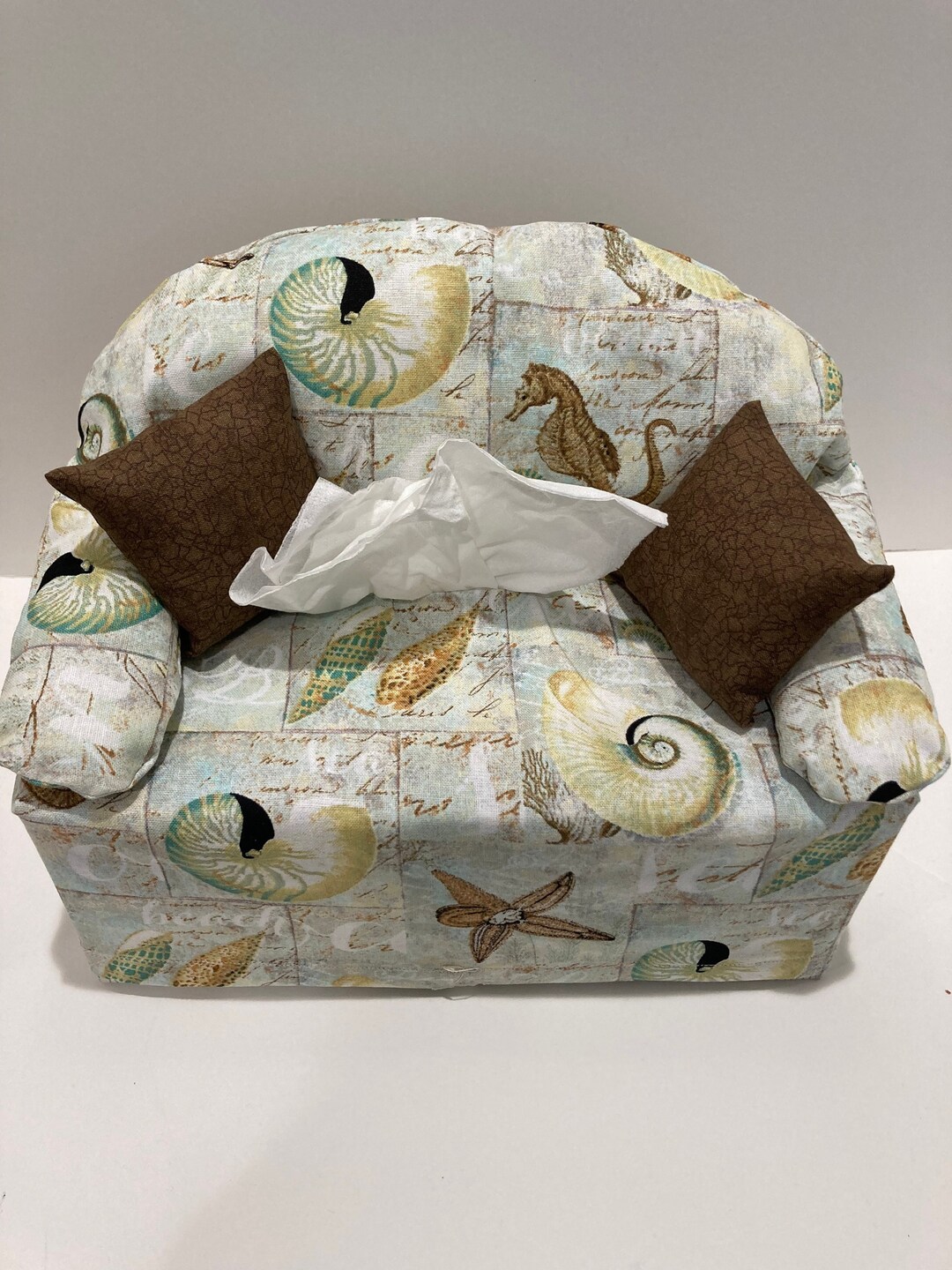 Sofa Couch Tissue Box Cover-seashells and Seahorses With Brown Pillows ...