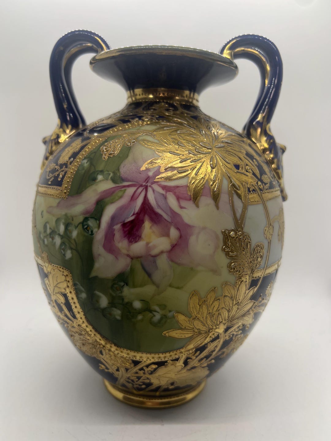 Antique Nippon Hand Painted Cobalt Blue Gold Beaded Floral Vase ...