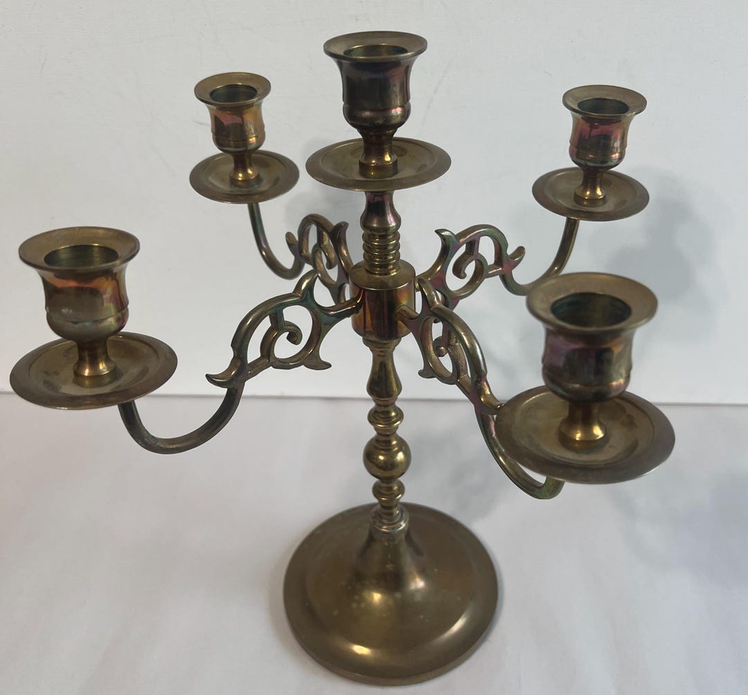 Vintage Brass Five Candle Candelabra, Five Arm Brass Candelabra, Table ...