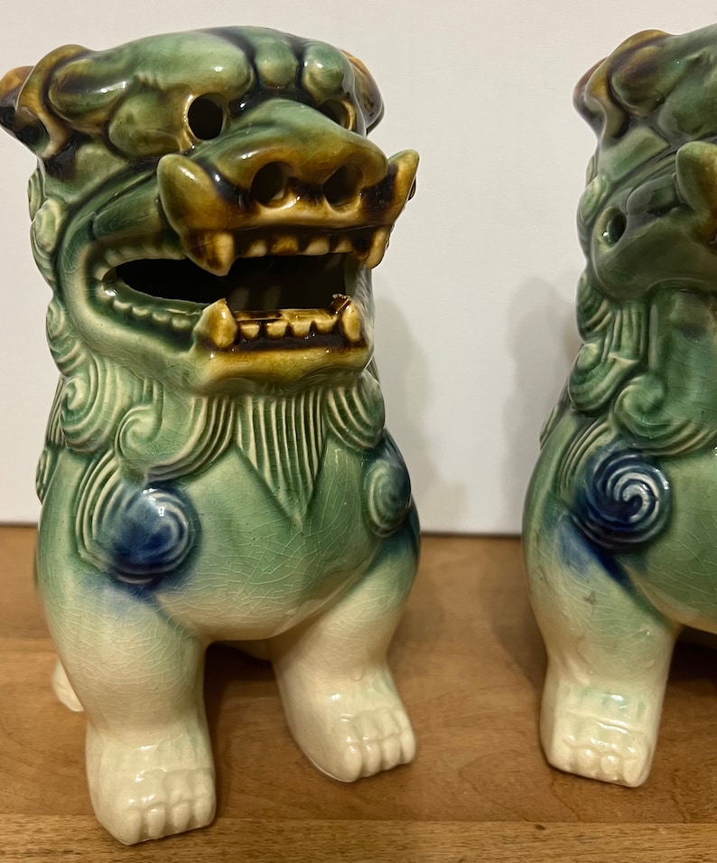 Vintage Pair of Green and Blue Ceramic Foo Dogs, 7 Tall, Foo Dog ...
