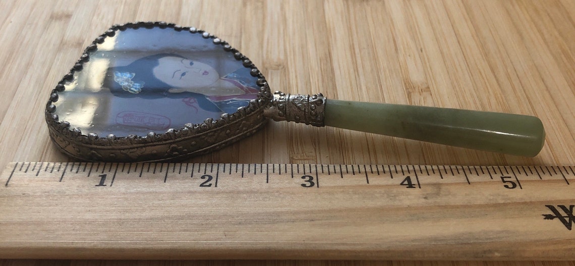 Vintage Japanese Small Hand Mirror, Geisha With Jade Handle With Silver ...