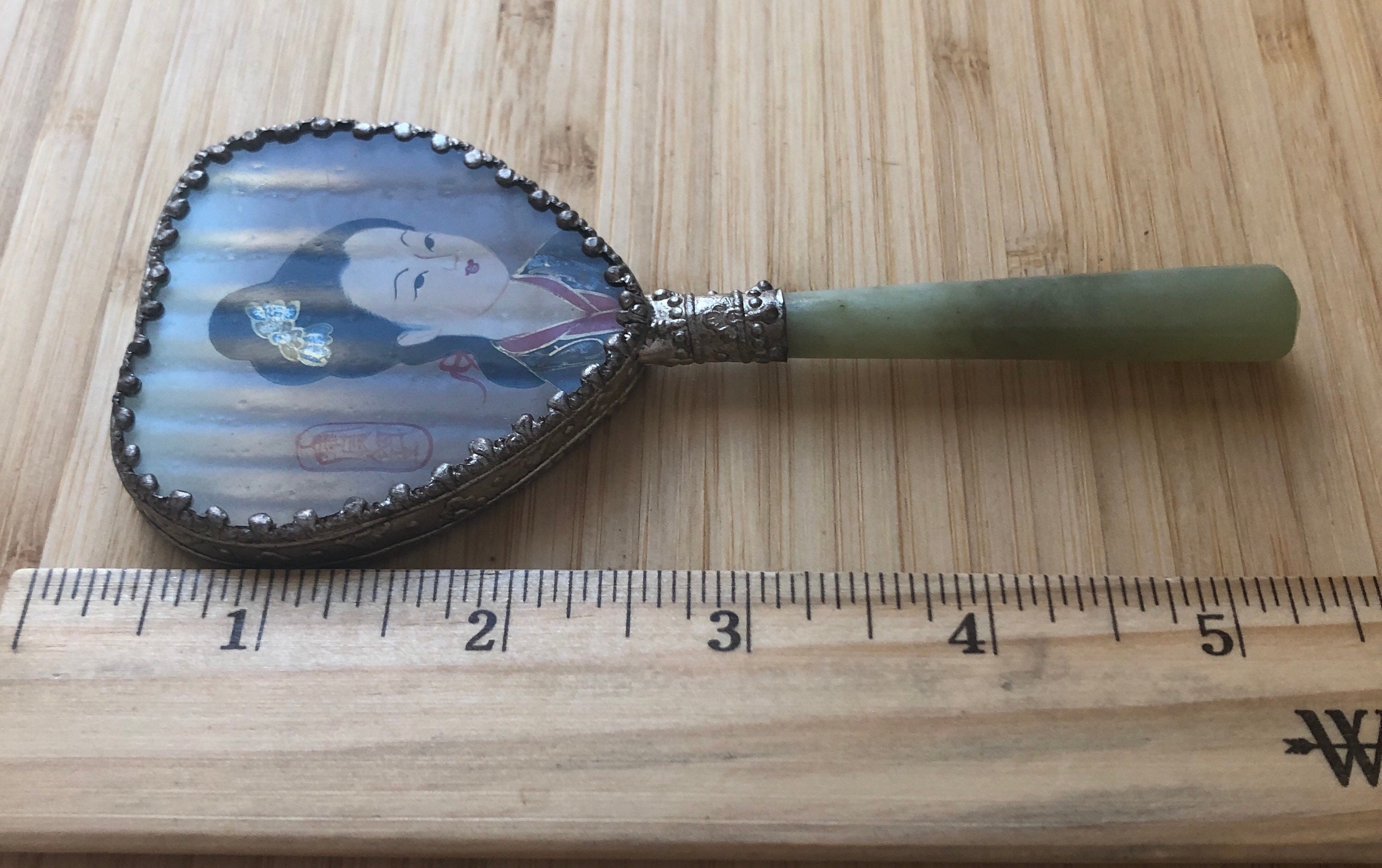 Vintage Japanese Small Hand Mirror, Geisha With Jade Handle With Silver ...