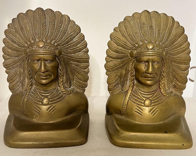Vintage Solid Brass Indian Chief Head Sculpture or Bookends, Western ...