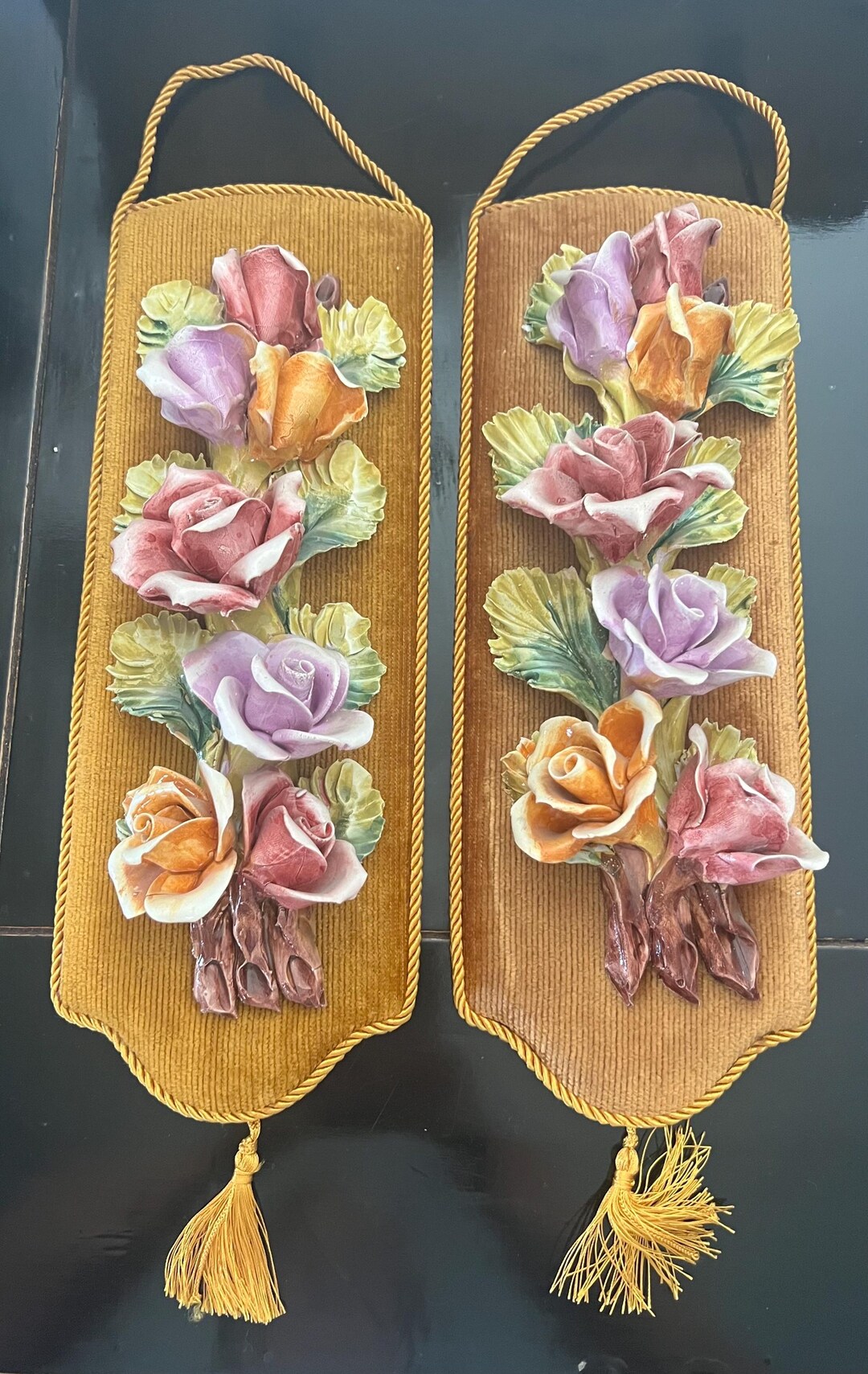 Capodimonte Wall Hanging, Porcelain Roses on Gold Velvet Board, Red ...