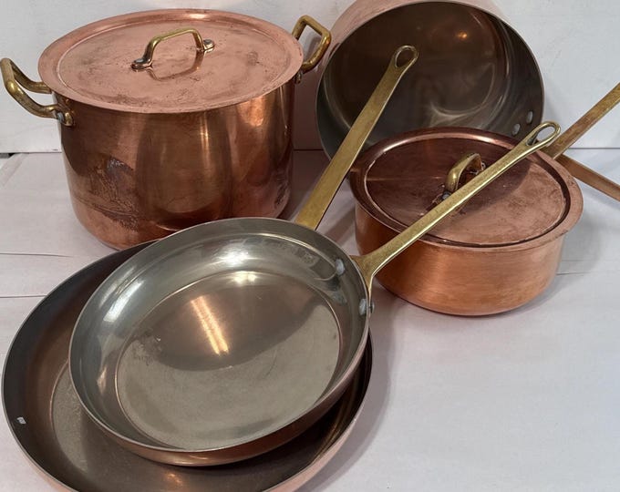 Vintage Copper and Brass Pan Set, Cookware, 5 Pans 2 Lids, Free US ...