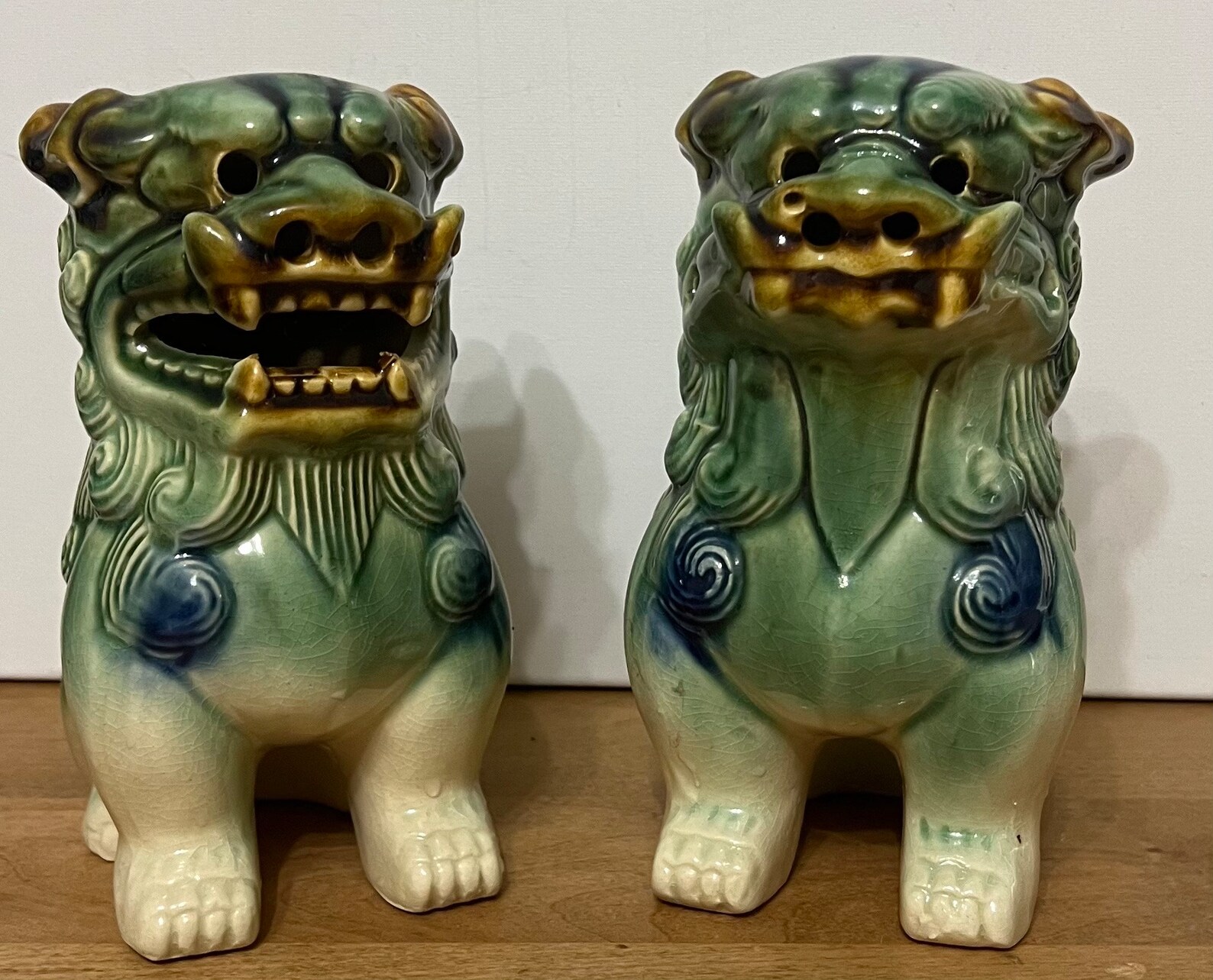 Vintage Pair of Green and Blue Ceramic Foo Dogs, 7 Tall, Foo Dog ...