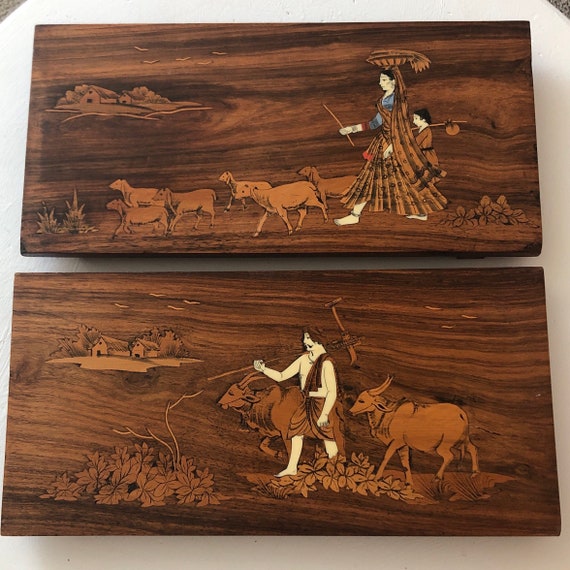 East Indian Wood Marquetry Inlay Vintage Wooden Wall Plaque - Etsy