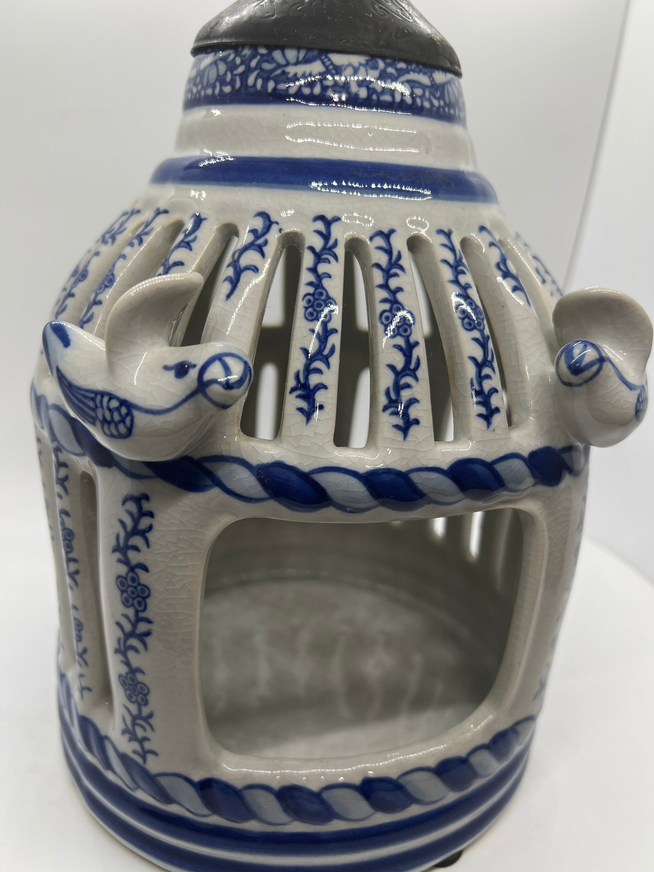 Blue and White Hand Painted Bird Cage, Bird Feeder, Candle Holder ...