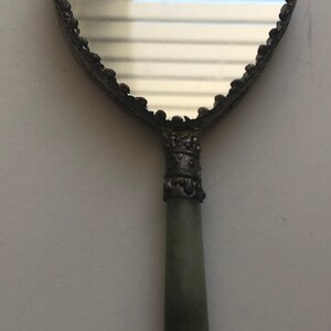 Vintage Japanese Small Hand Mirror, Geisha With Jade Handle With Silver ...