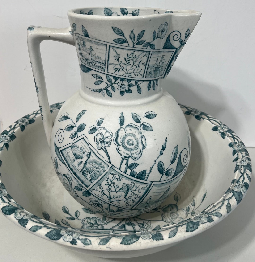 Large Green Transferware Ironstone Pitcher and Wash Basin, Greens ...
