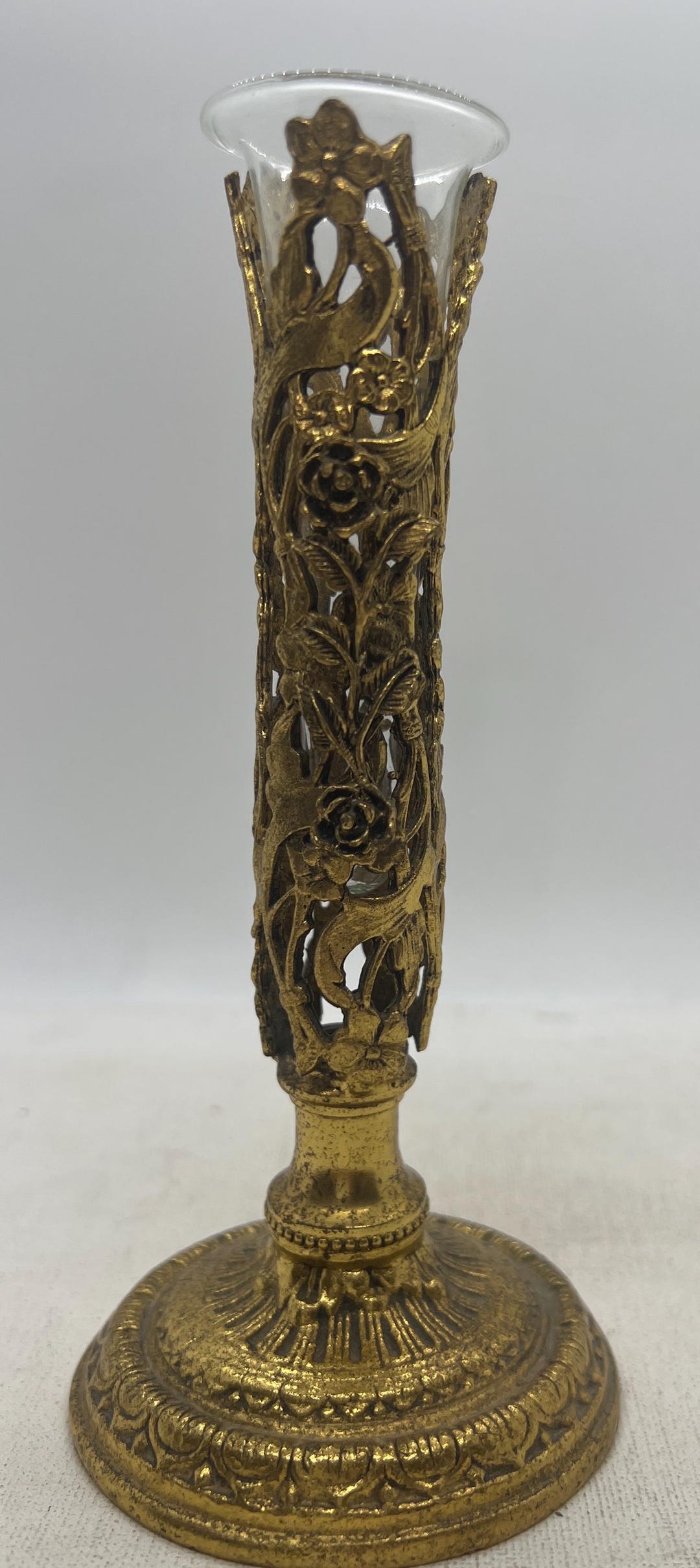 Vintage Gold Metal Bud Vase Filigree Base, Hollywood Regency Vanity Bud ...