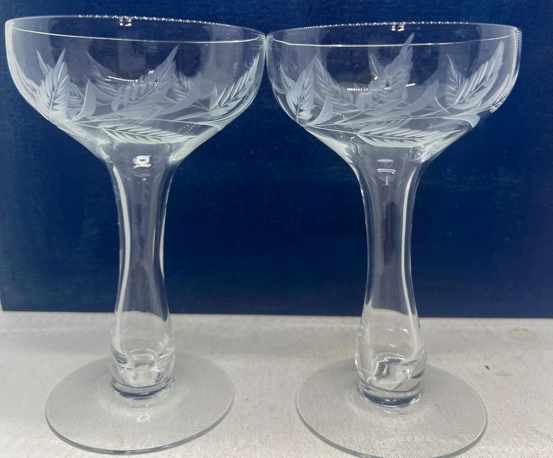 Vintage Etched Glass Hollow Stem Champagne Glasses, Leaf Design, Pair ...